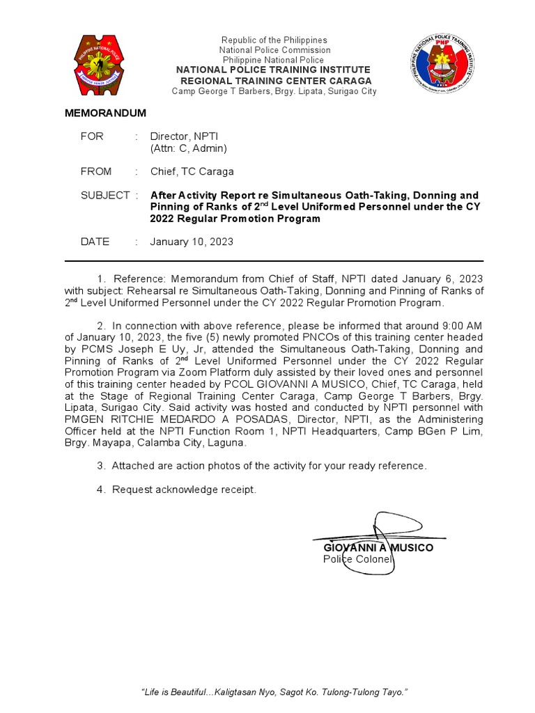 CARAGATC AAR Re Simultaneous Oathtaking, Donning and Pinning of Ranks | PDF