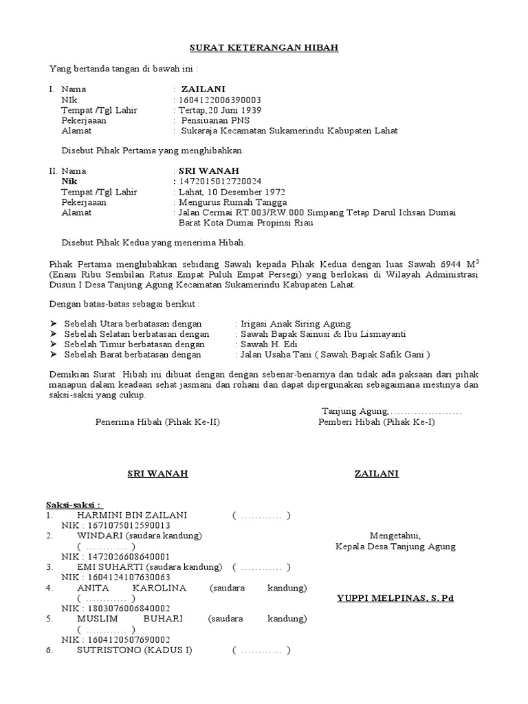 Contoh Surat Keterangan Hibah Tanah | PDF