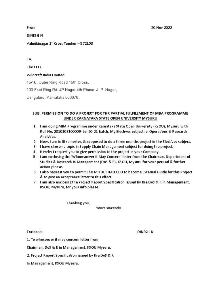 Mba Project Request Letter To Wildcraft 2 | PDF