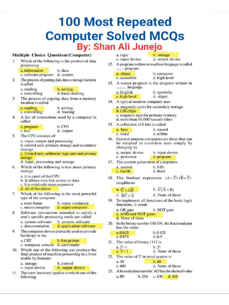 120 Computer Most Repeated Solved MCQs - 1 | PDF 120 Computer Most Repeated Solved MCQs - 1 | PDF