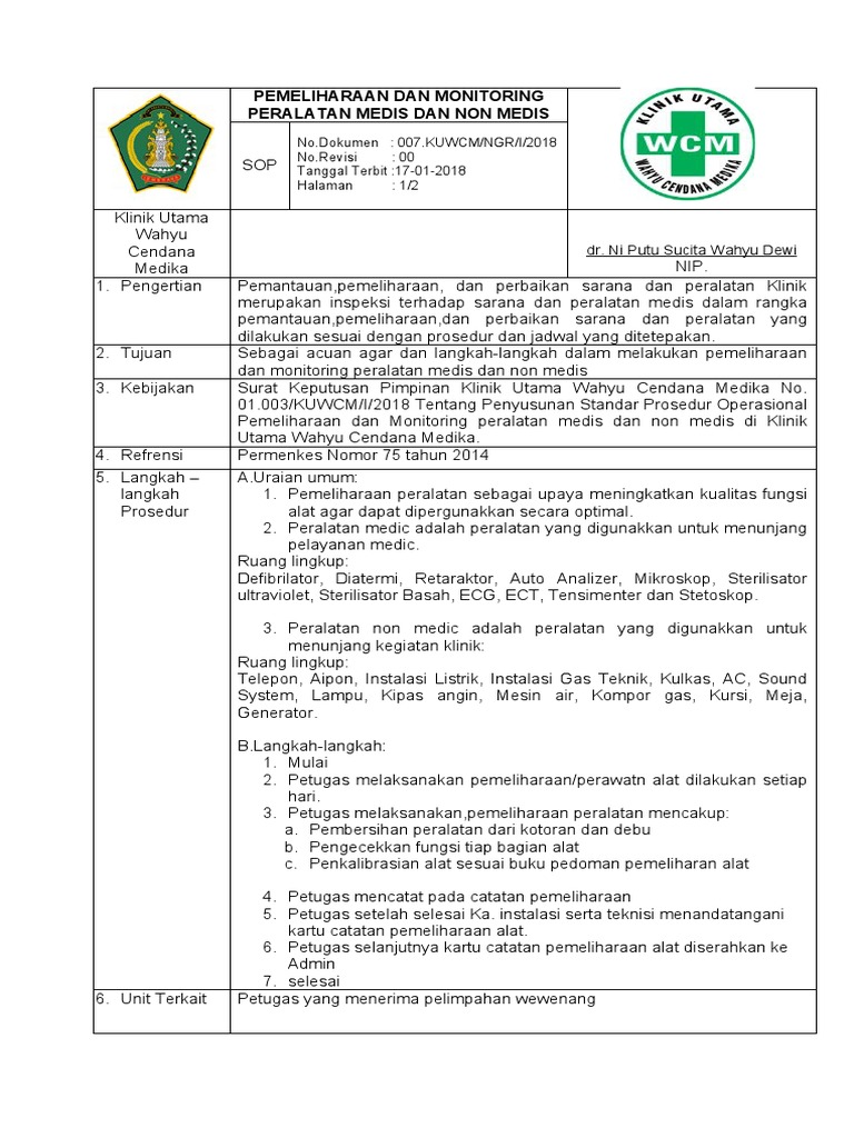 Sop Pemeliharaan Dan Monitoring Peralatan Medis Dan Non Medis | PDF