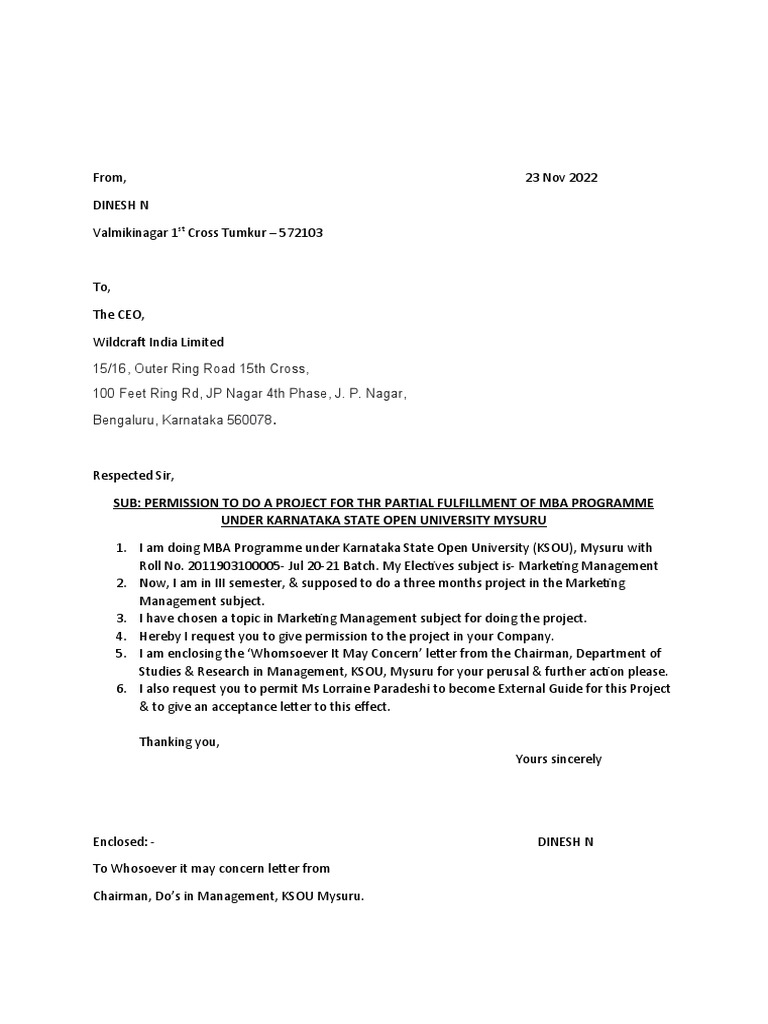 MBA Project Permission Request Letter | PDF