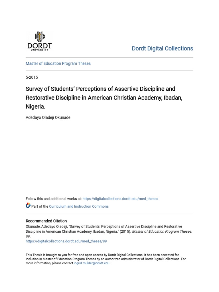 Survey of Students - Perceptions of Assertive Discipline and Resto PDF ...
