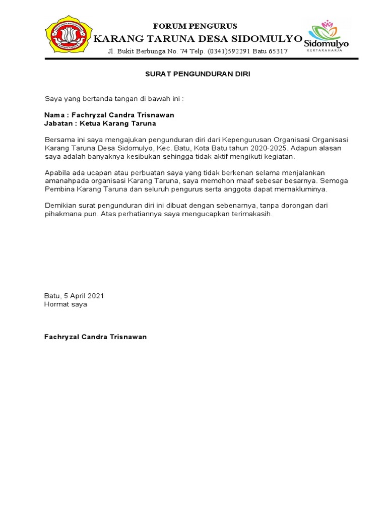 Surat Pengunduran Diri Organisasi | PDF