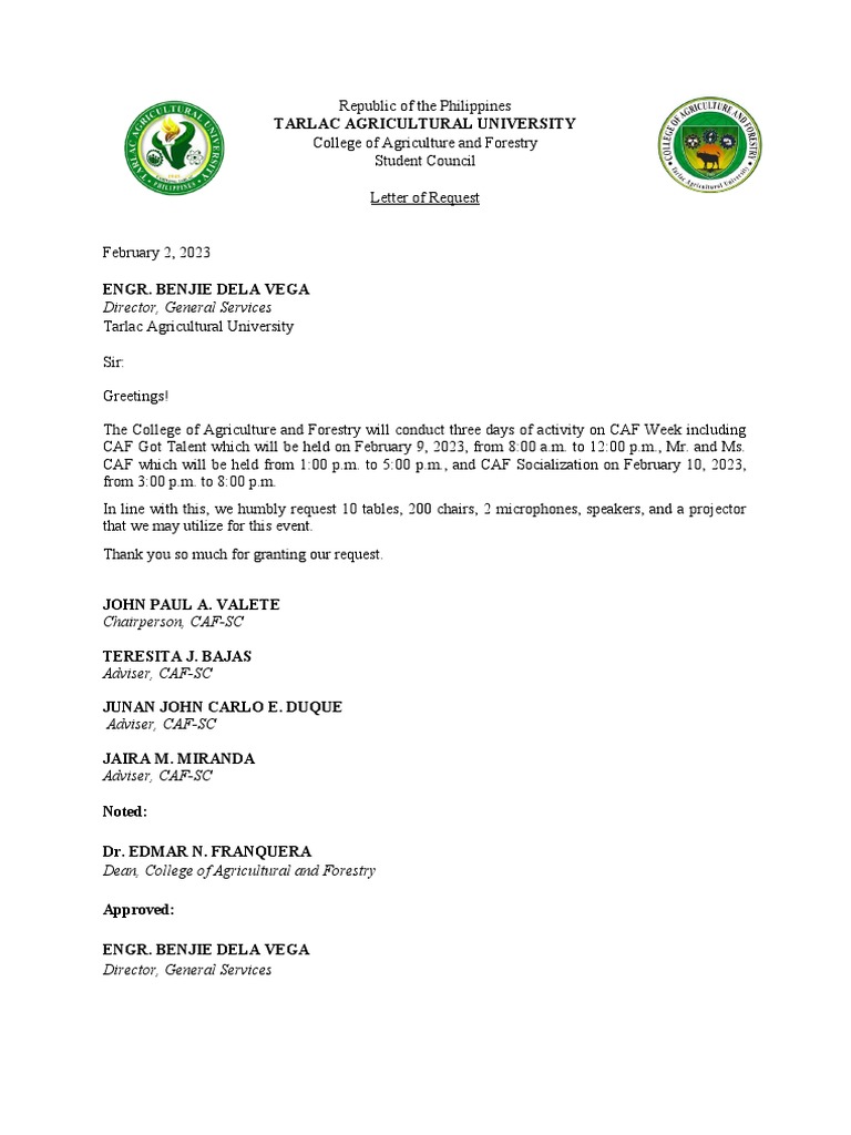 Request Letter - Chairs Tables | PDF