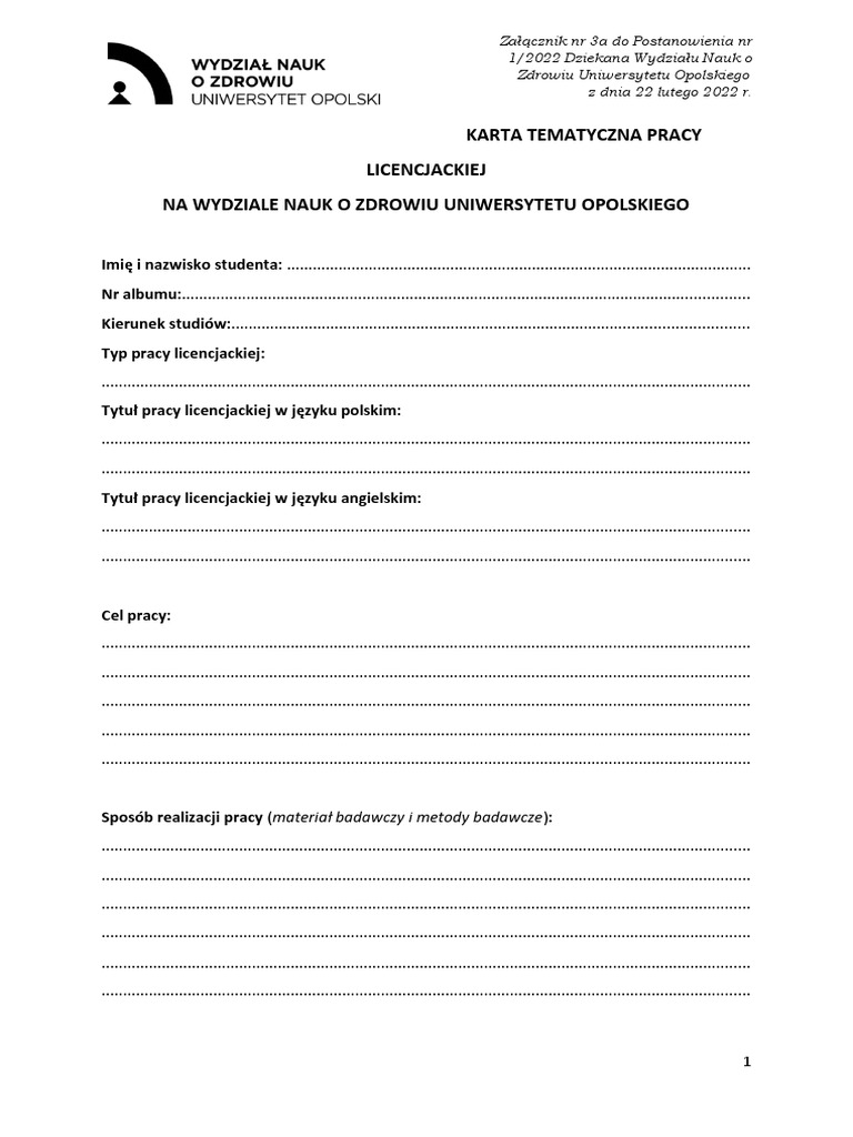 Zalacznik Do Regulaminu NR 3a Karta Pracy Dyplomowej Licencjackiej | PDF