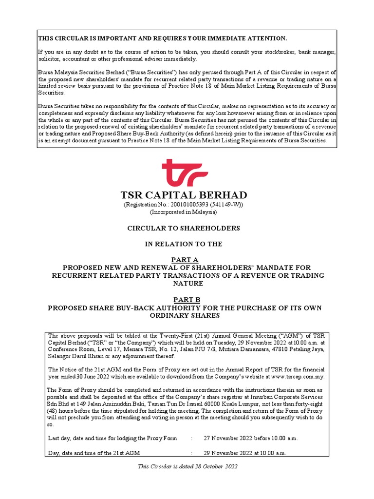 TSR Capital AGM: Shareholder Mandates & Buy-Back | PDF