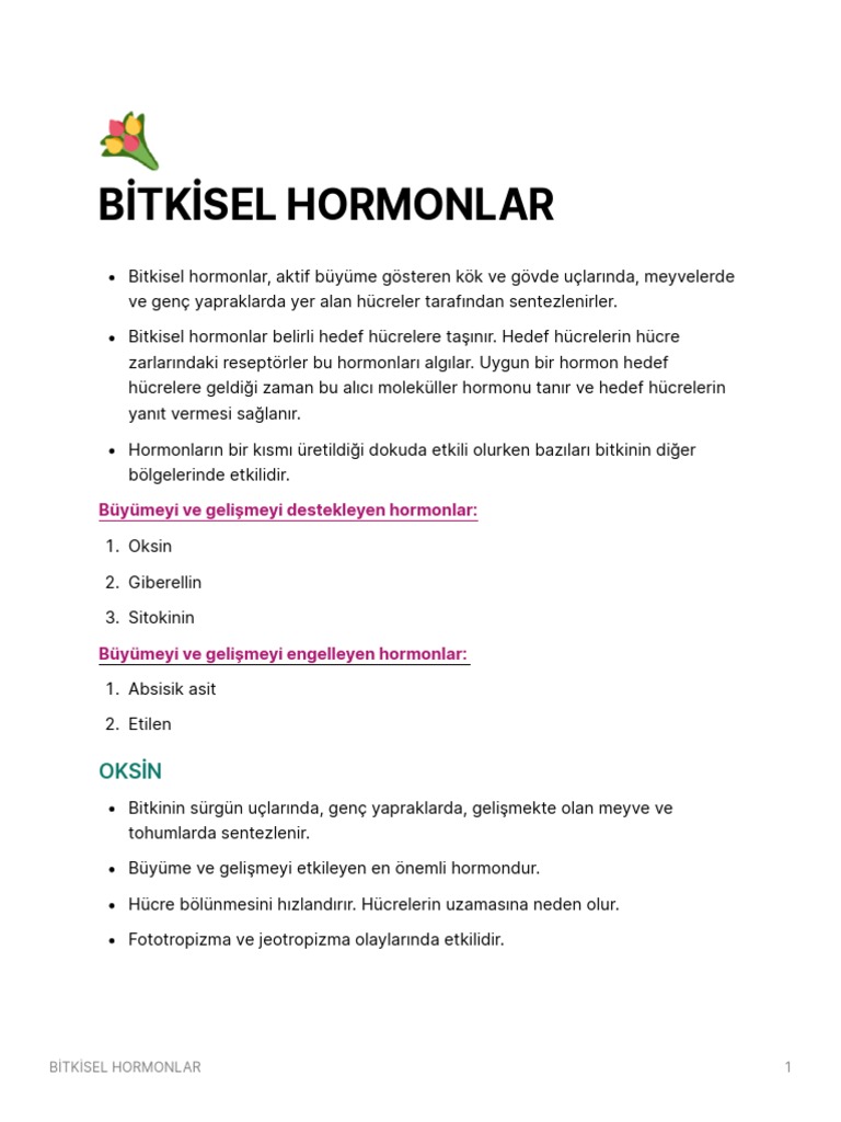 Sınıf Biyoloji - Bitkisel Hormonlar PDF | PDF