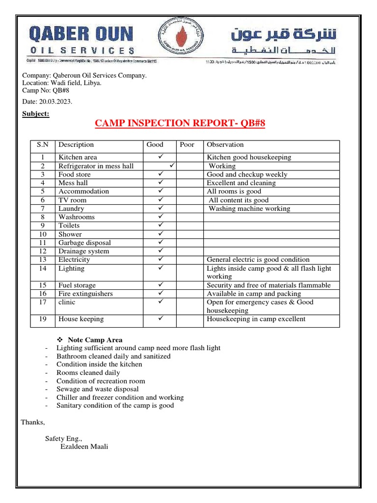 Camp Inspection Report - QB#8-2023 PDF | PDF
