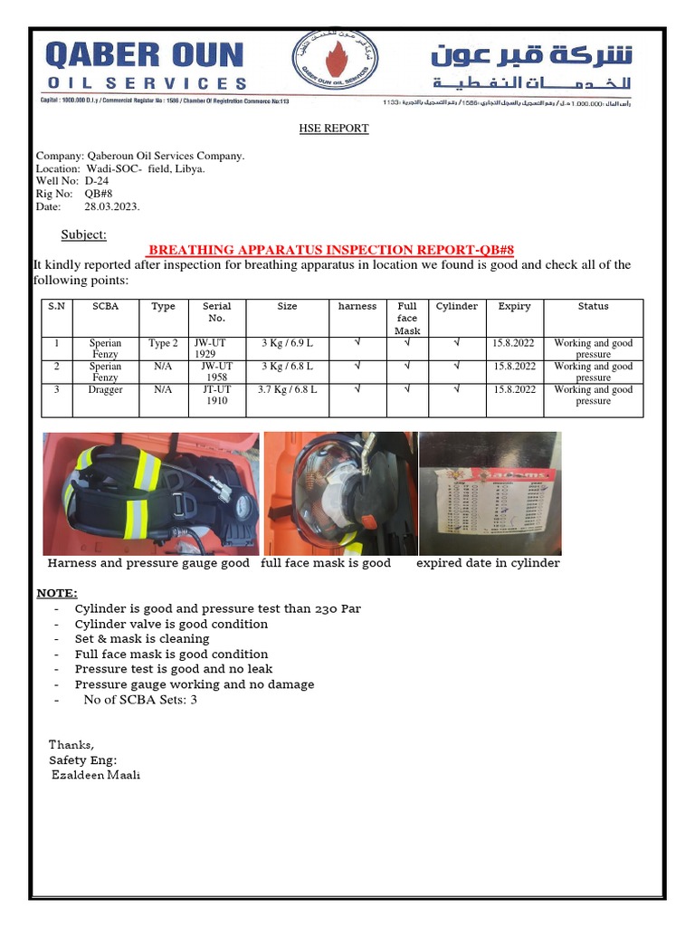 SCBA Inspection Report - March 2023 | PDF