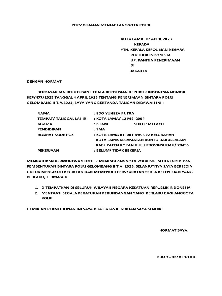 Permohanan Menjadi Anggota Polri | PDF