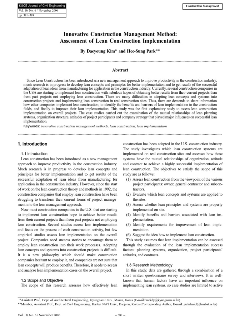 (Kim Daeyoung & Hee-Sung Park, 2006) Innovative Construction Management Method - Assessment of ...