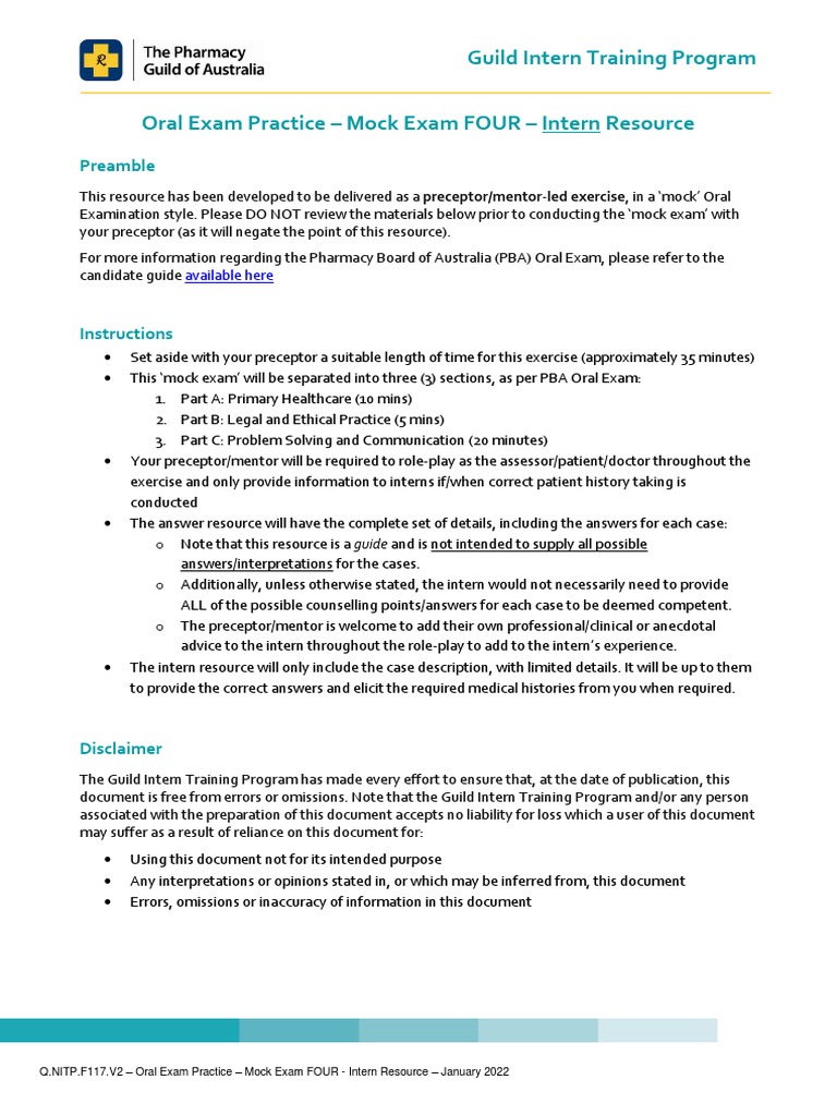 4a Oral Exam Practice - Mock Exam FOUR - Intern Resource | PDF