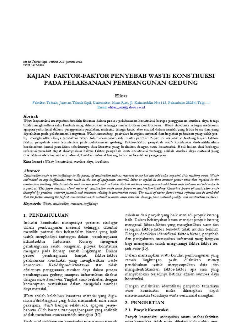 (Elizar, 2012) Kajian Faktor-Faktor Penyebab Waste Konstruksi Pada ...