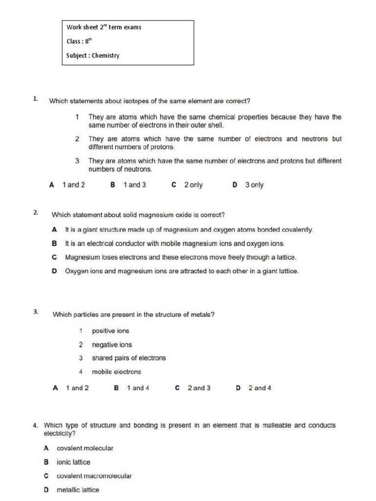 8th Grade Chemistry Exam Worksheet | PDF | Chemical Bond | Ionic Bonding