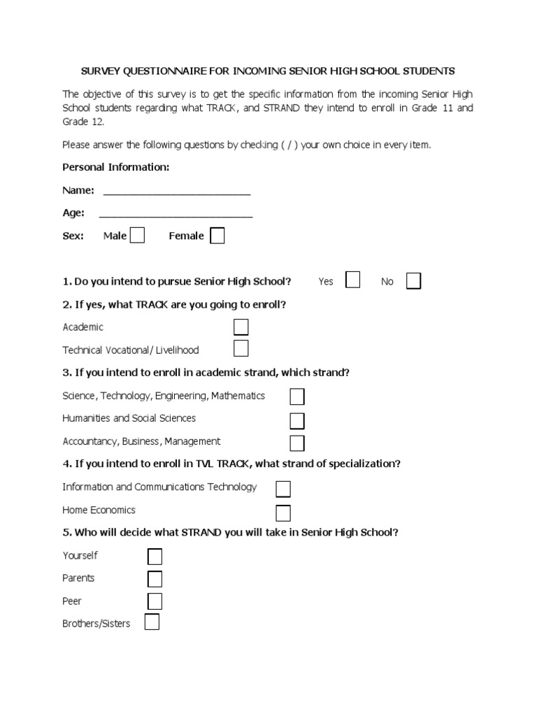 Survey Questionnaire For Incoming Senior High School Students | PDF