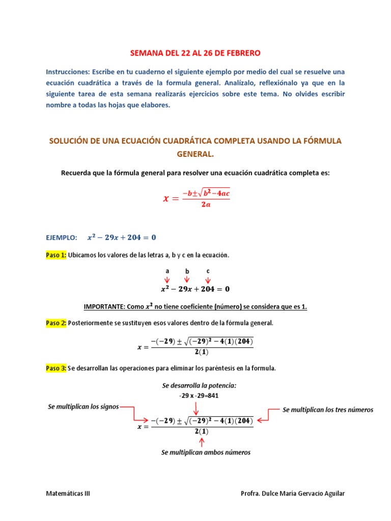 Solución de Ecuaciones Cuadráticas Completas Usando La Formula General ...