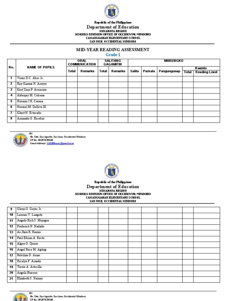 Mid Year Reading Assessment | PDF