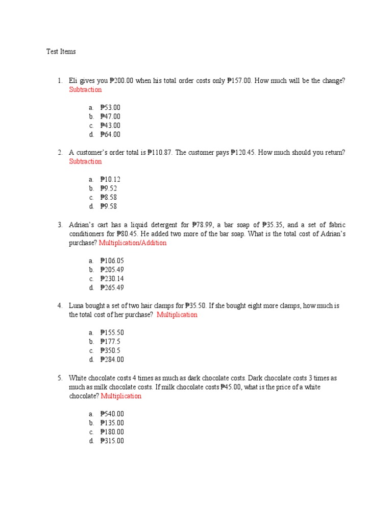 Arithmetic Test For Cashiers | PDF