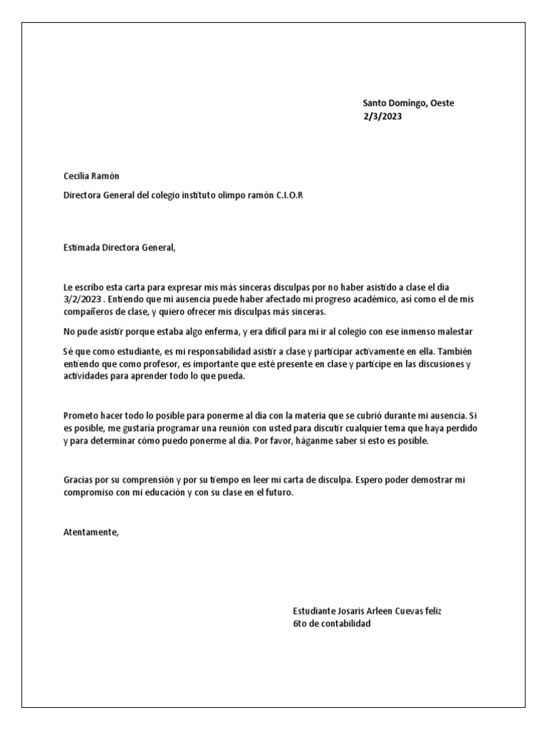 Carta de excusa para el colegio | PDF