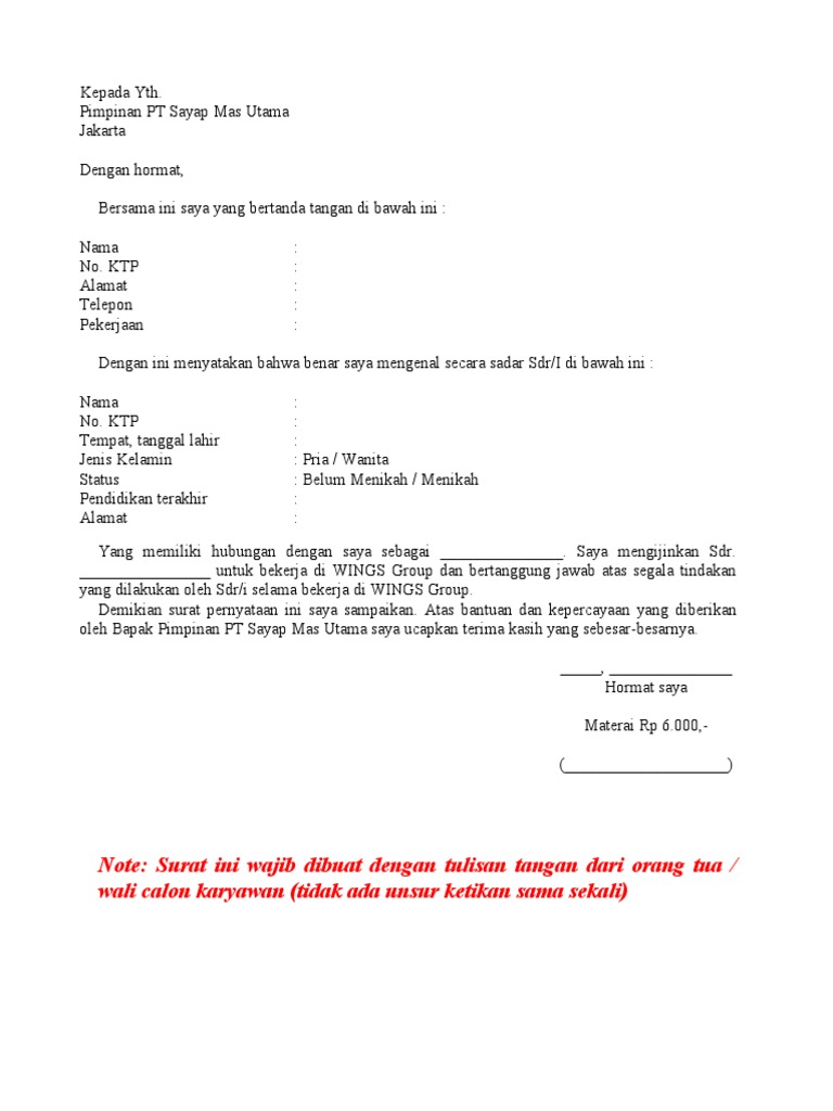 Format Surat Ijin Orang Tua (Materai 10.000) | PDF