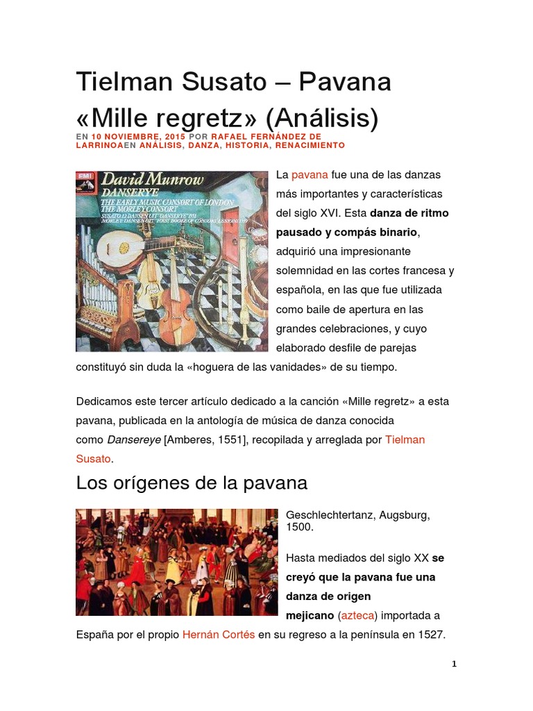 Tielman Susato. Pavana Mille Regretz | PDF