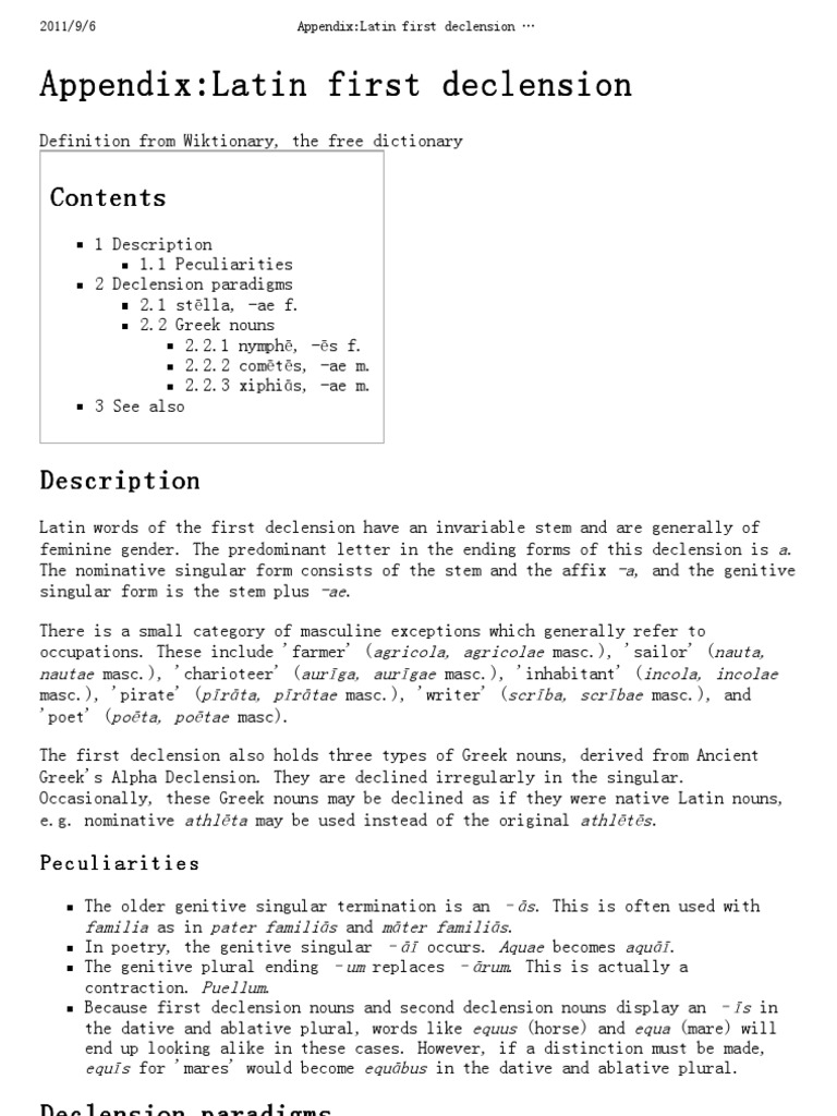 Appendix - Latin First Declension - Wiktionary | PDF | Linguistic ...