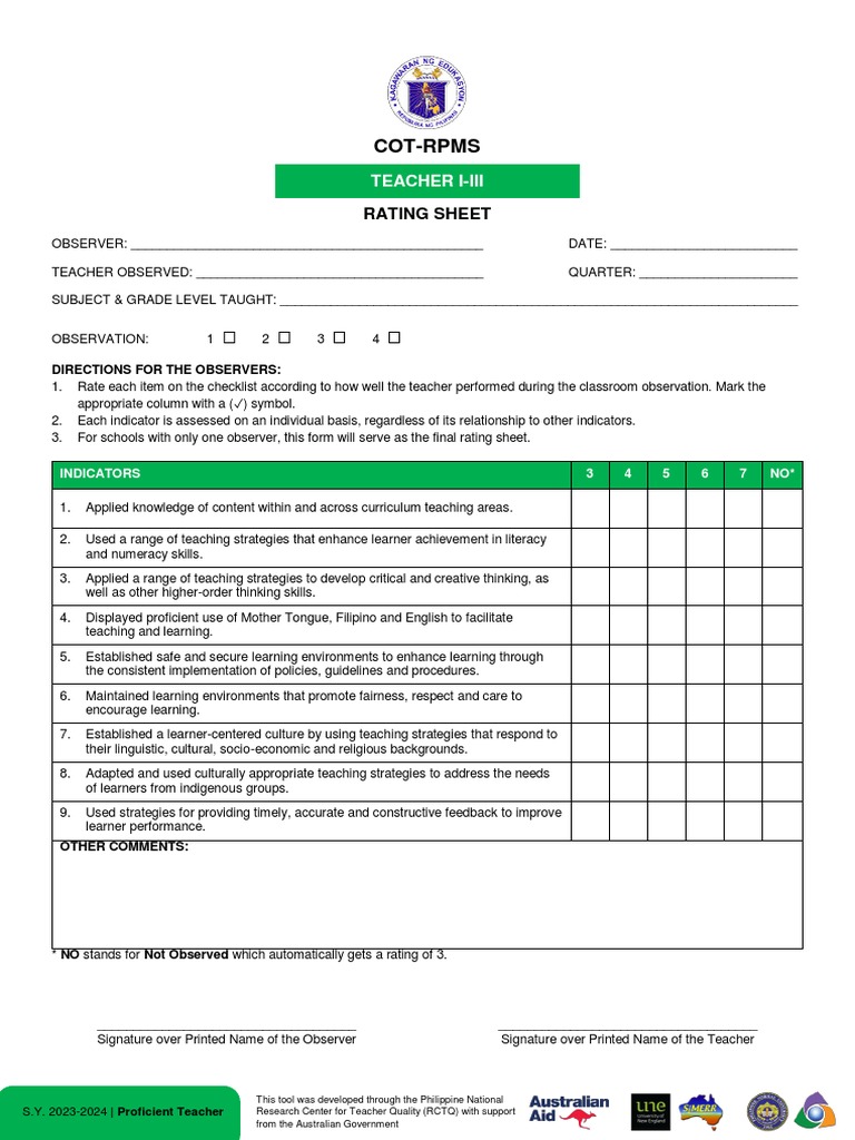 COT-RPMS Rating Sheet For T I-III For Sy 2023-2024 | PDF