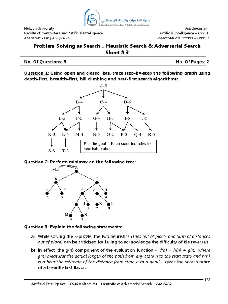 AI Sheet 3 - Problem Solving As Search (Heuristic Search - Adversarial ...