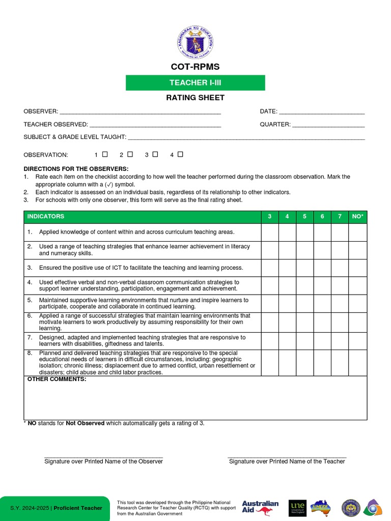 COT-RPMS Rating Sheet For T I-III For Sy 2024-2025 | PDF