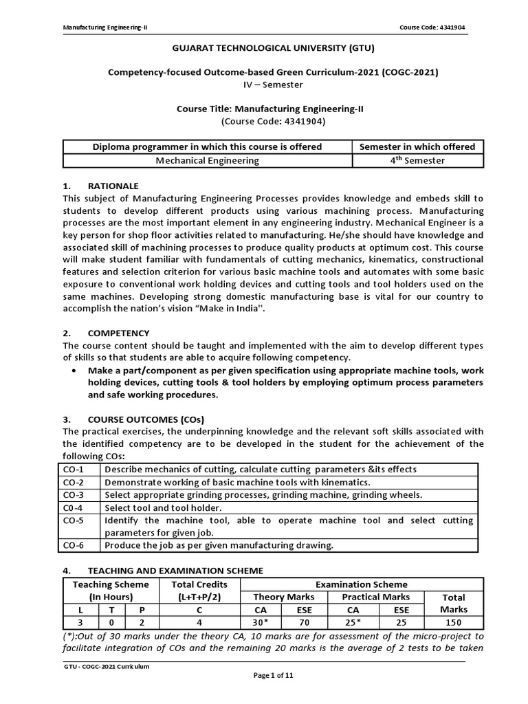 Manufacturing Engineering-II Course Code: 4341904: Page 1 of 11 | PDF ...