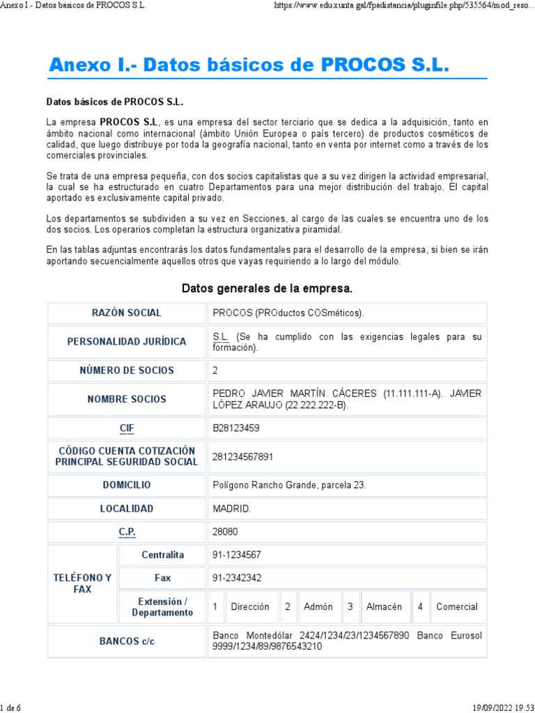 Anexo I. - Datos Básicos de PROCOS S.L | PDF