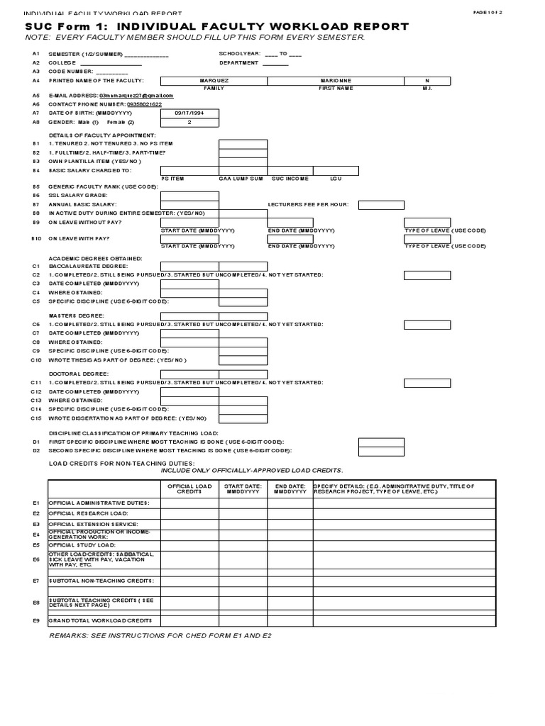 SUC Form 1 Individual Faculty Workload Report | PDF | Technology & Engineering