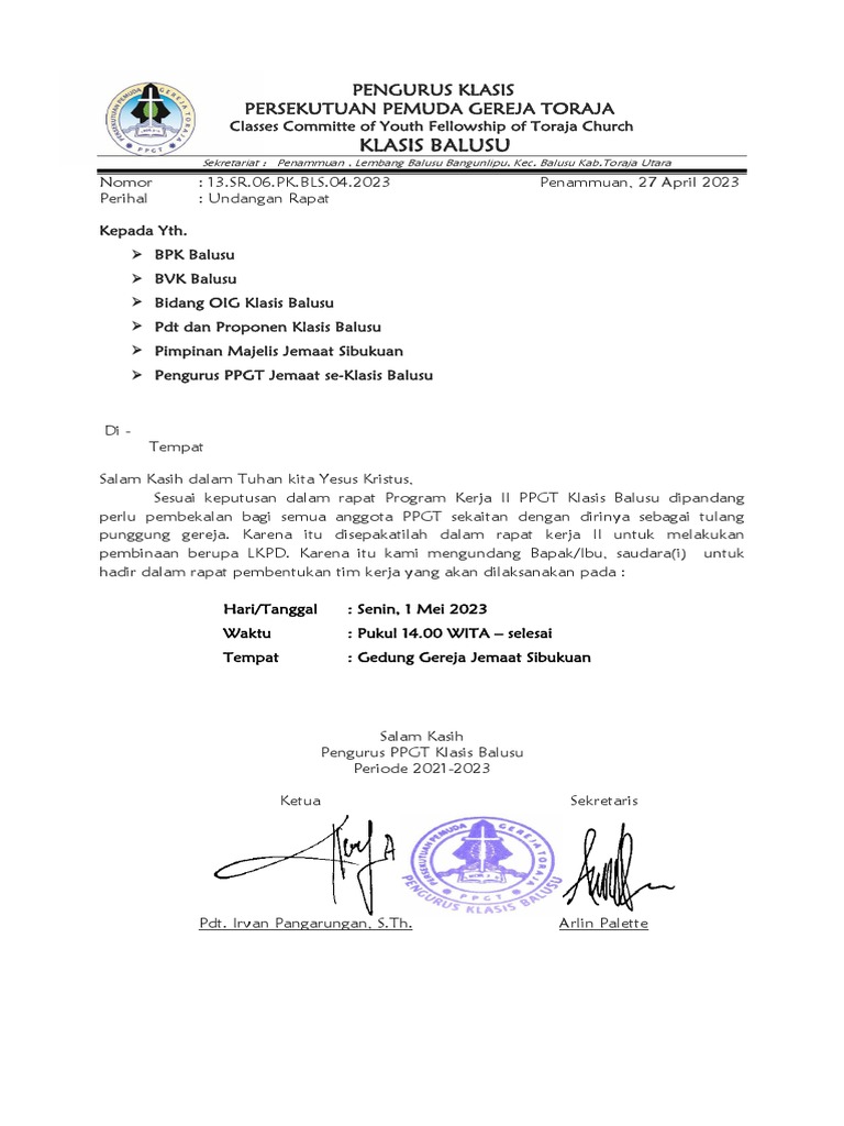 Undangan Rapat PPGT Klasis Balusu PDF | PDF