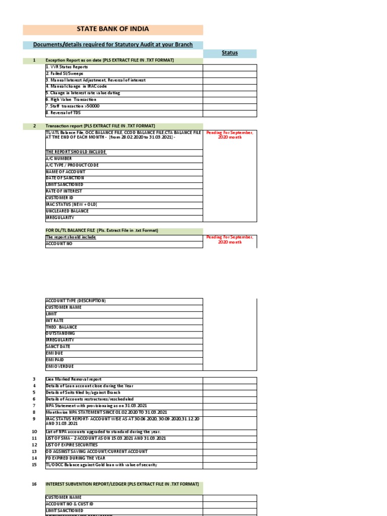 Doc. Required - Pre Audit List - 2020-21 | PDF | Deposit Account | Banks