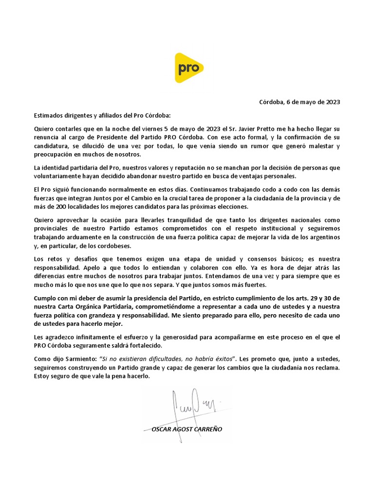 Comunicado Tras La Salida de Javier Pretto Del PRO Córdoba | PDF
