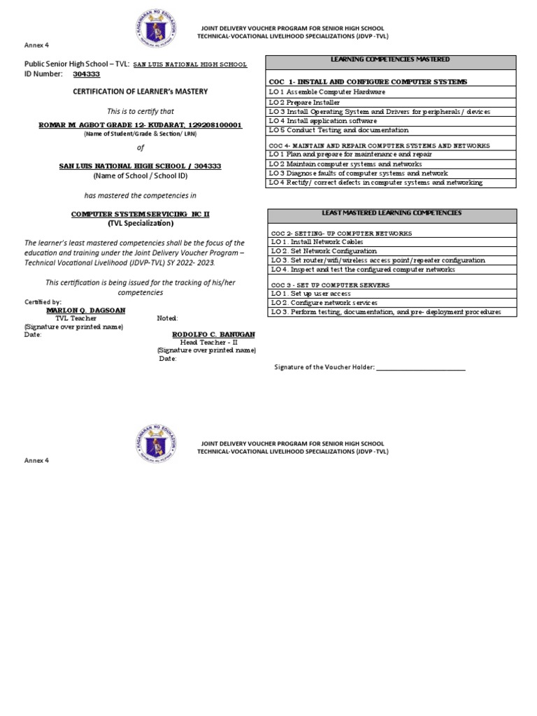 Annex-4-JDVP-Certificate-of-Learners-Mastery-01212020 (1) | PDF