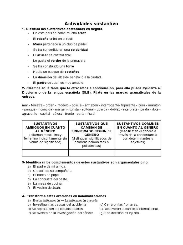 Actividades Sustantivo | PDF