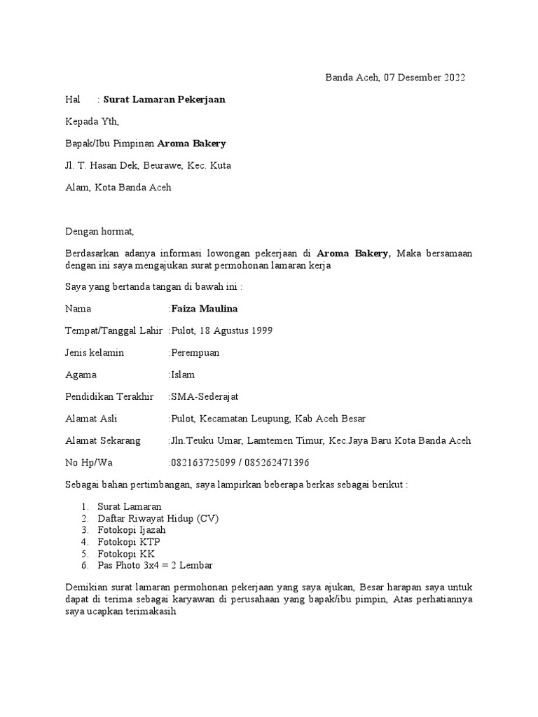 Surat Lamaran Aroma Bakery | PDF