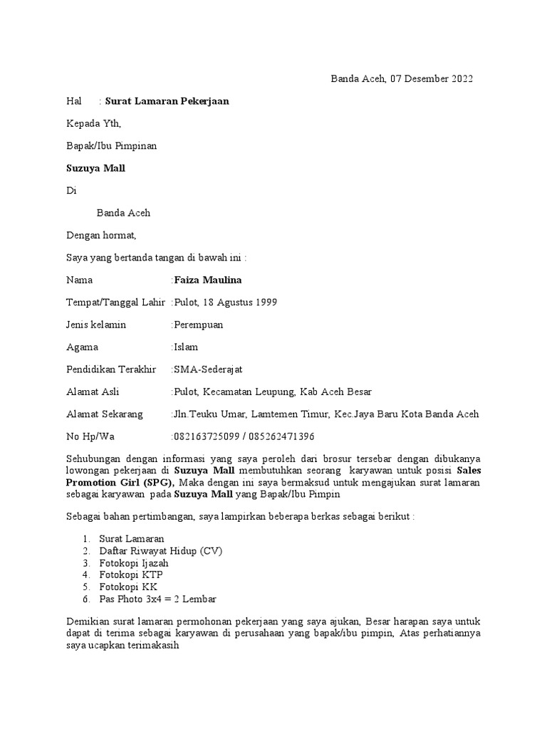 Surat Lamaran Kerja SPG Suzuya Mall | PDF