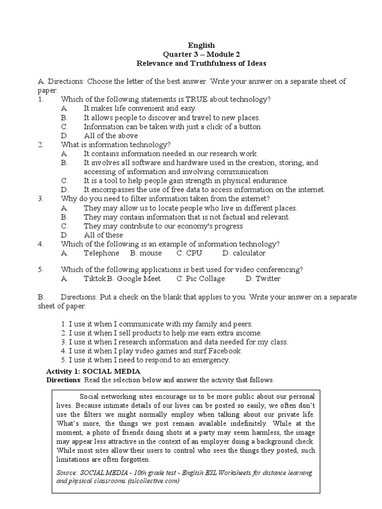 English Quarter 3 - Module 2 Relevance and Truthfulness of Ideas | PDF