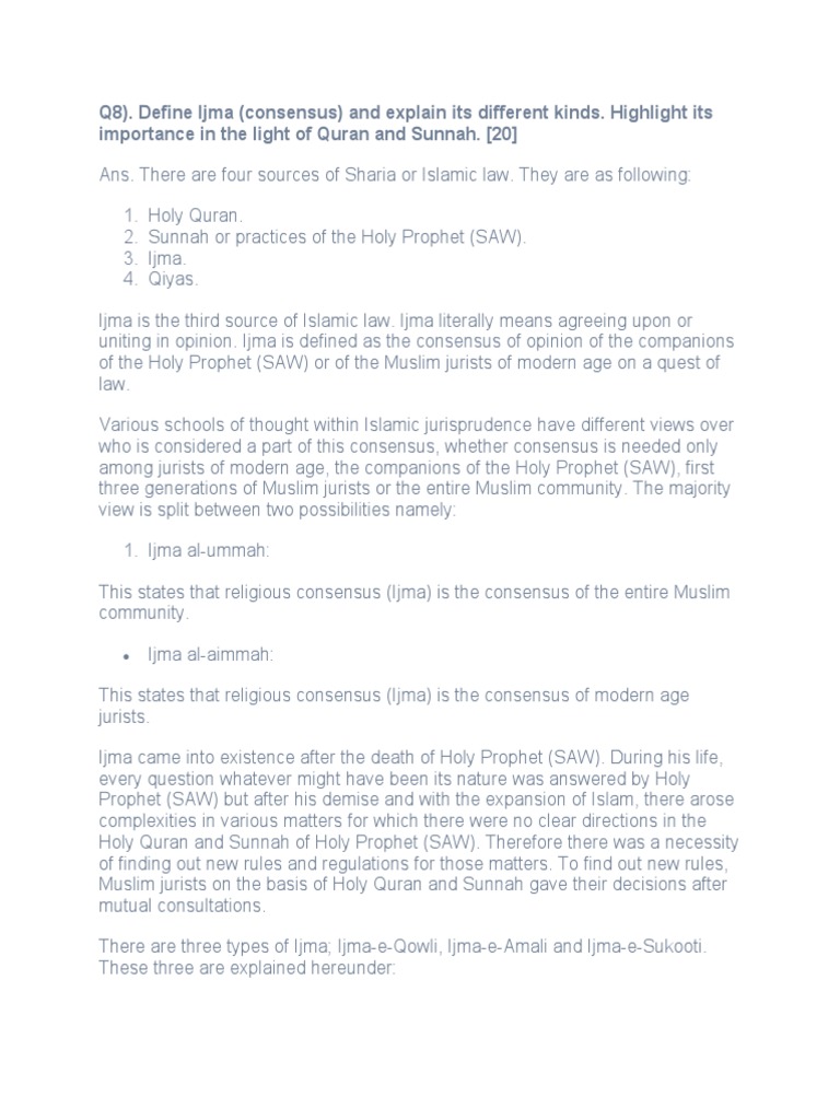 Q8) - Define Ijma (Consensus) and Explain Its Different Kinds ...