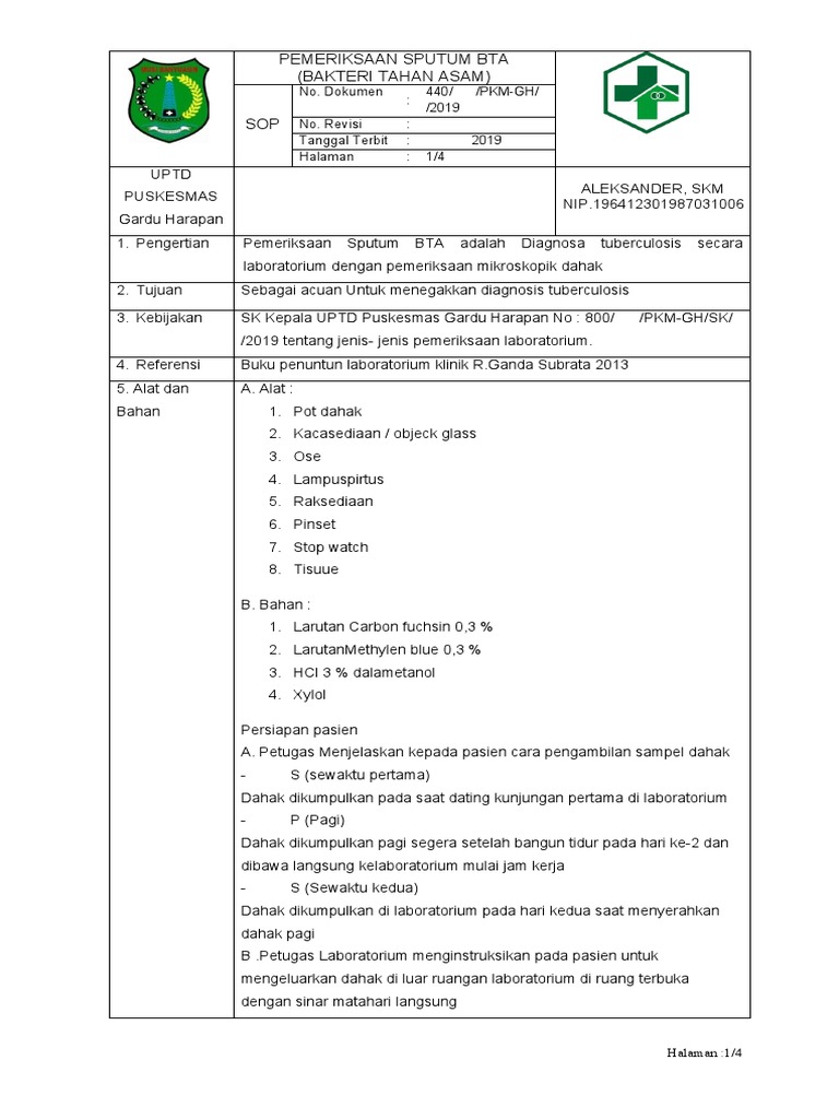Sop Pemeriksaan Sputum Bta | PDF