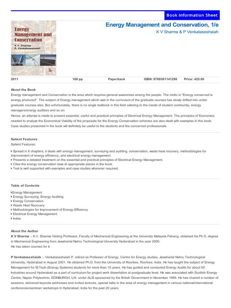 Energy Management and Conservation, 1/e: Book Information Sheet Book ...