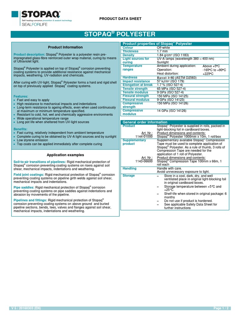 PDS Stopaq Polyester V5 EN | PDF | Ultraviolet | Pipe (Fluid Conveyance)