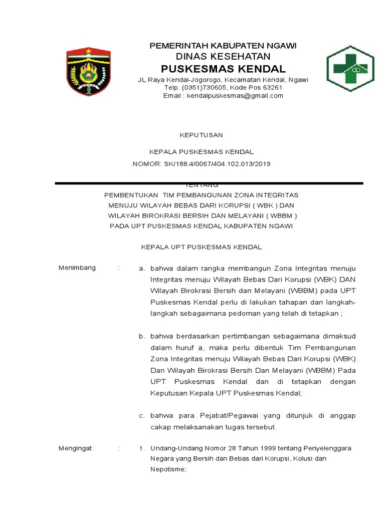 SK ZONA INTEGRITAS Pembentukan Tim KENDAL | PDF