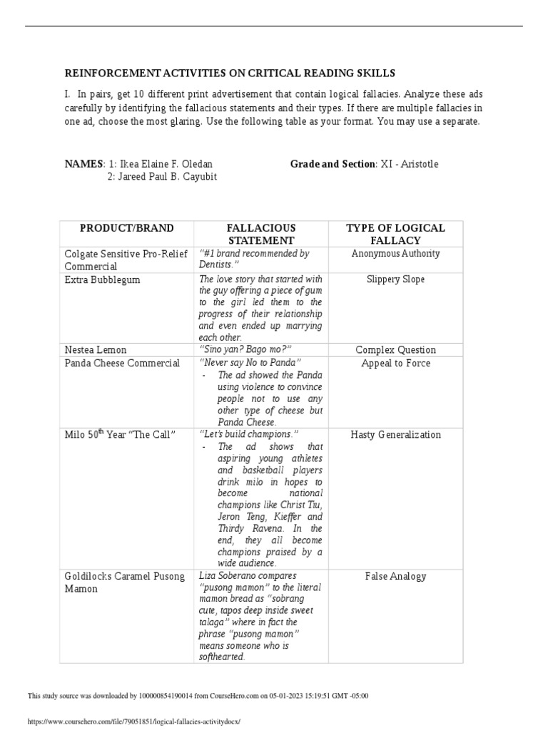 Logical Fallacies Activity PDF | PDF | Fallacy | Reasoning