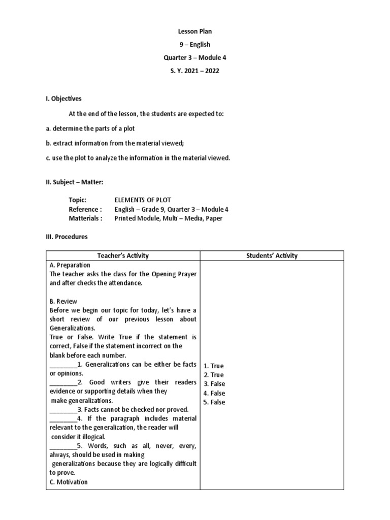 COT 2 Lesson Plan Vincent | PDF | Plot (Narrative)
