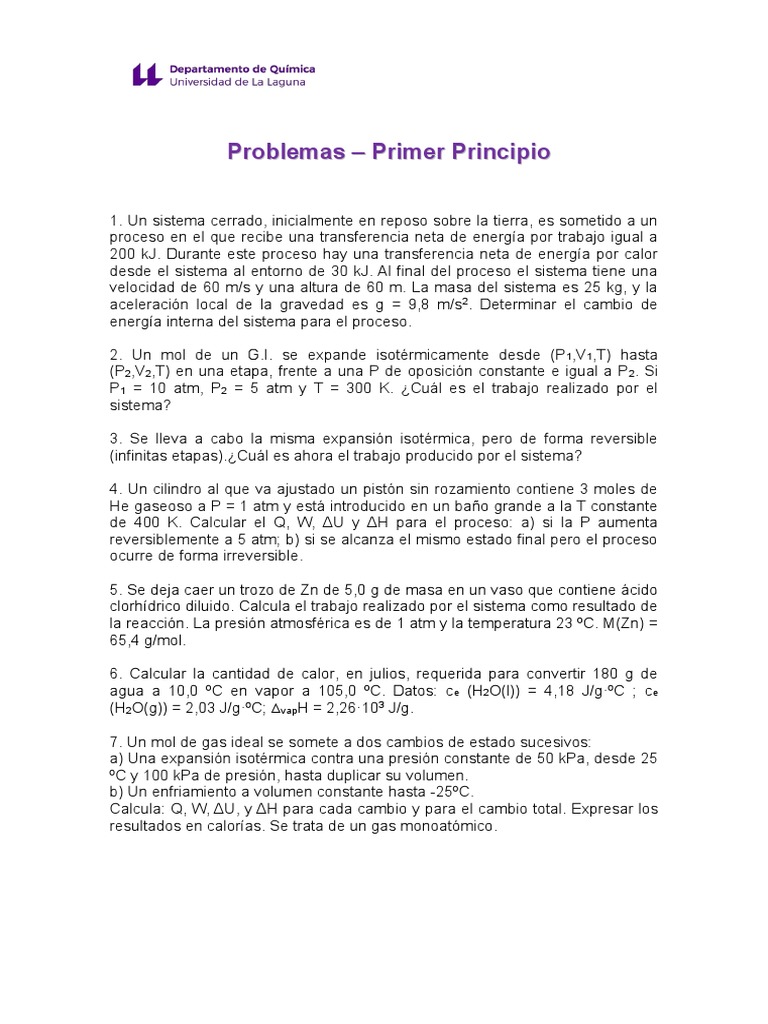 Problemas Tema 2 - Primer Principio PDF | PDF | Entalpía | Mecanica clasica