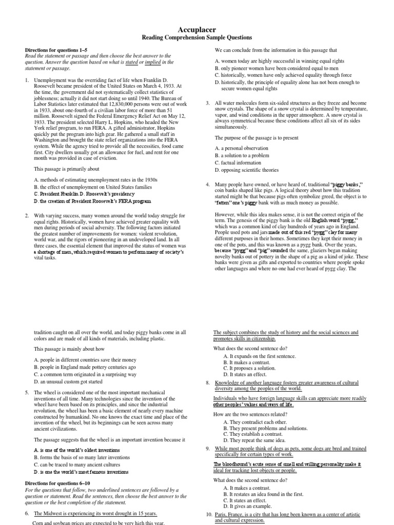 Accuplacer Reading Comprehension | PDF